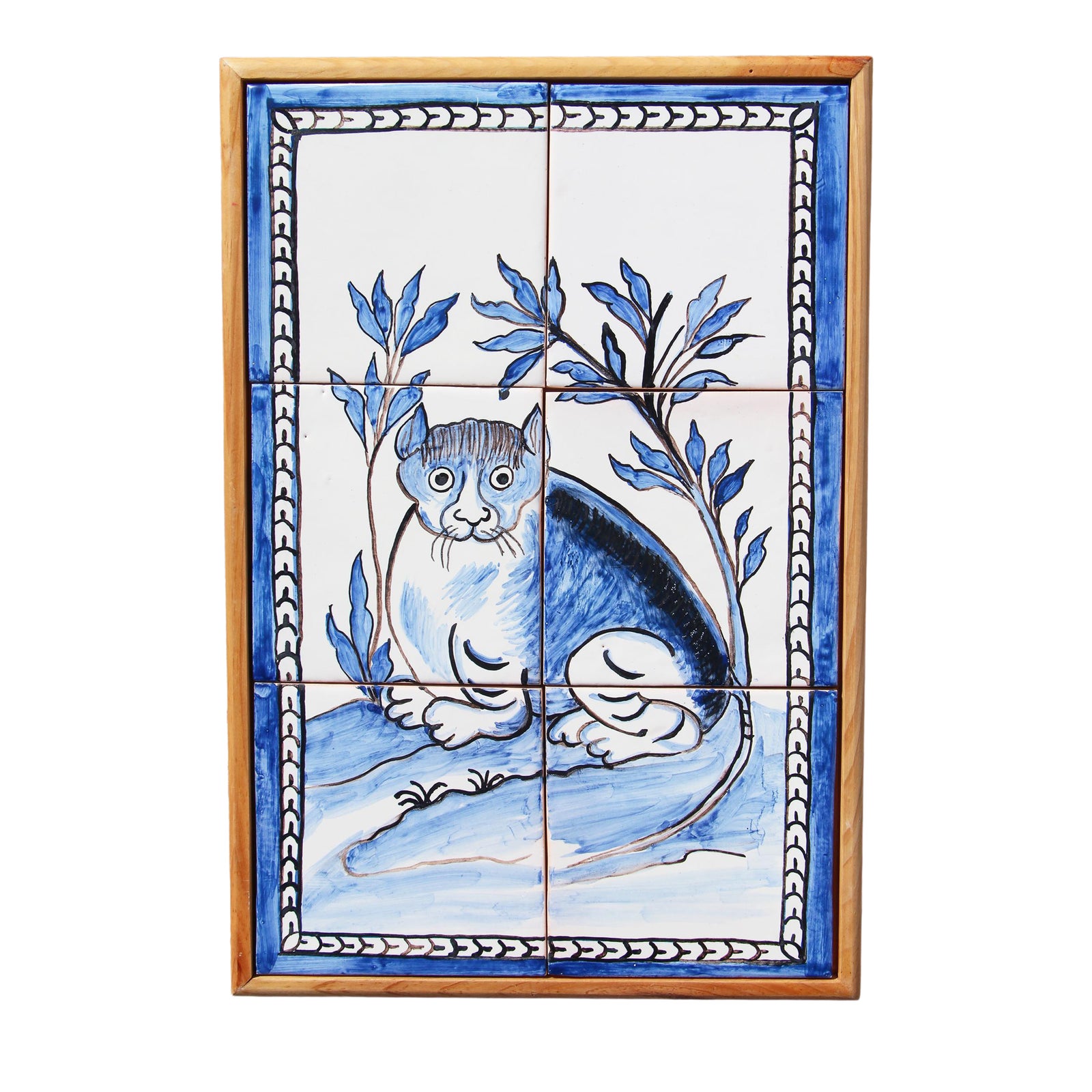A Dutch Delft Cat - Six Tile Panel Framed, Mid-Century | Chairish