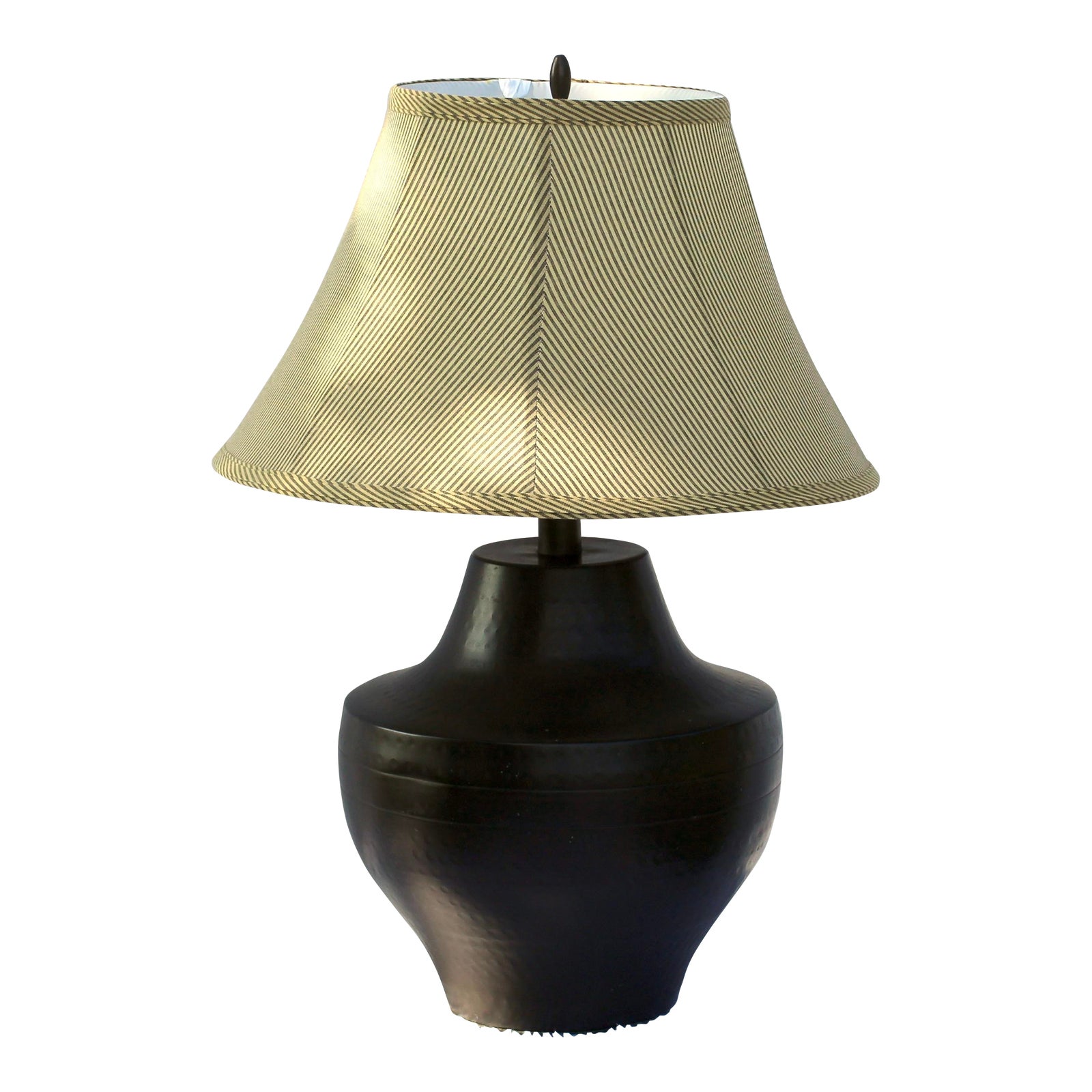 1990s Hammered Metal Black Lamp With Striped Lampshade | Chairish
