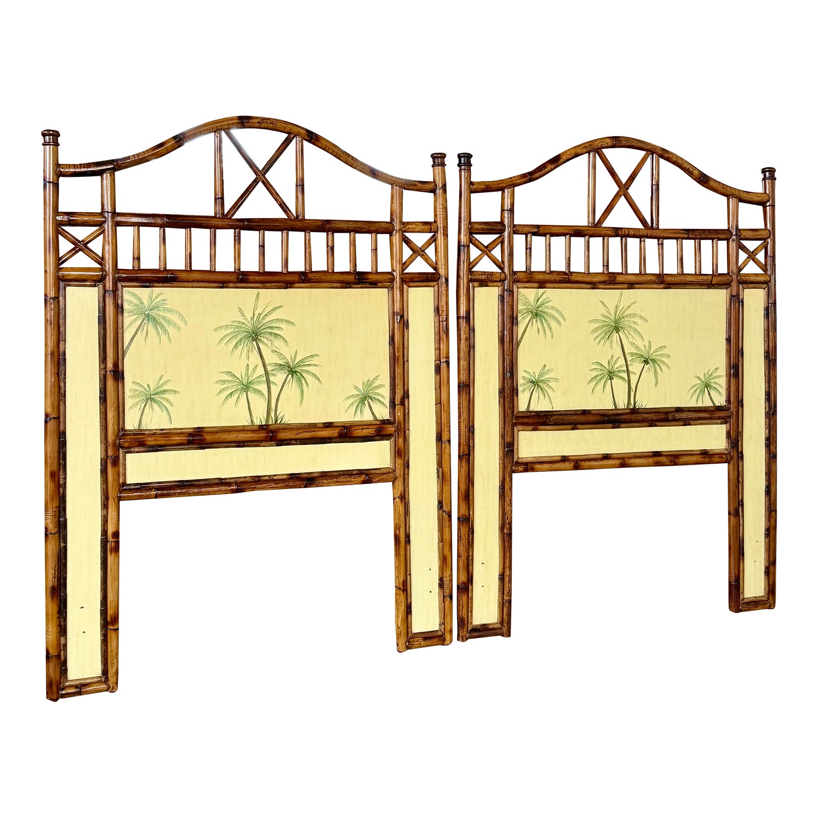 British Colonial Refinished Rattan Coastal Palm Tree Twin Headboards ...