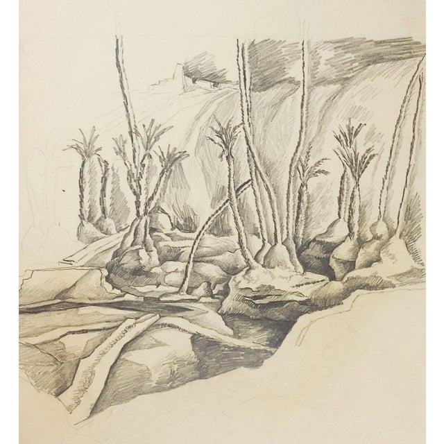 Vintage Wadi & Palm Trees Pencil Study Drawing | Chairish