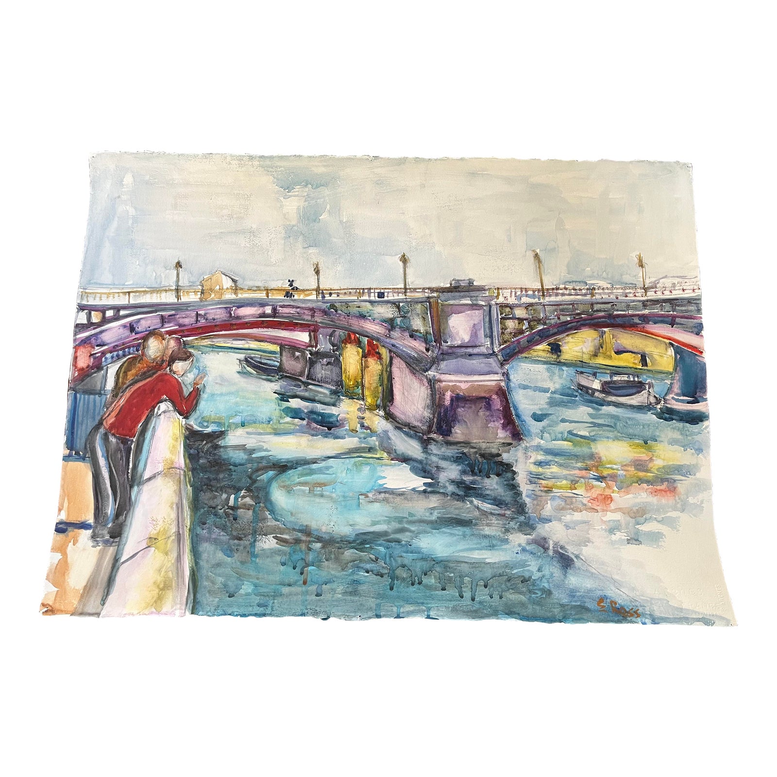 Vintage Expressionist Watercolor Painting of a Bridge Over a River by ...