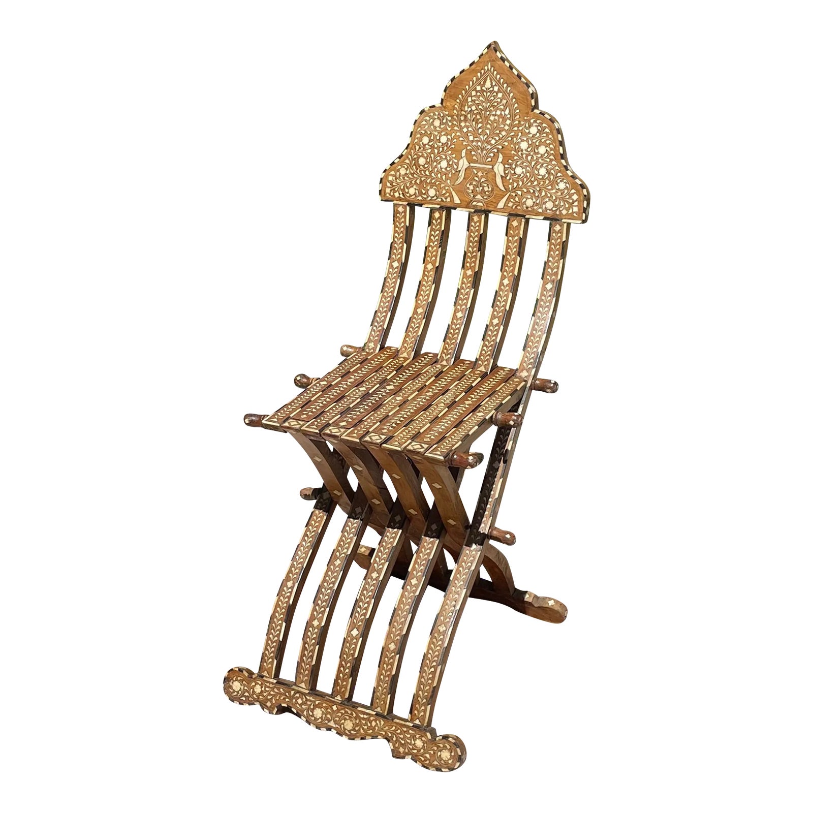 Antique Syrian Moorish Folding Chair with Bone Inlay | Chairish