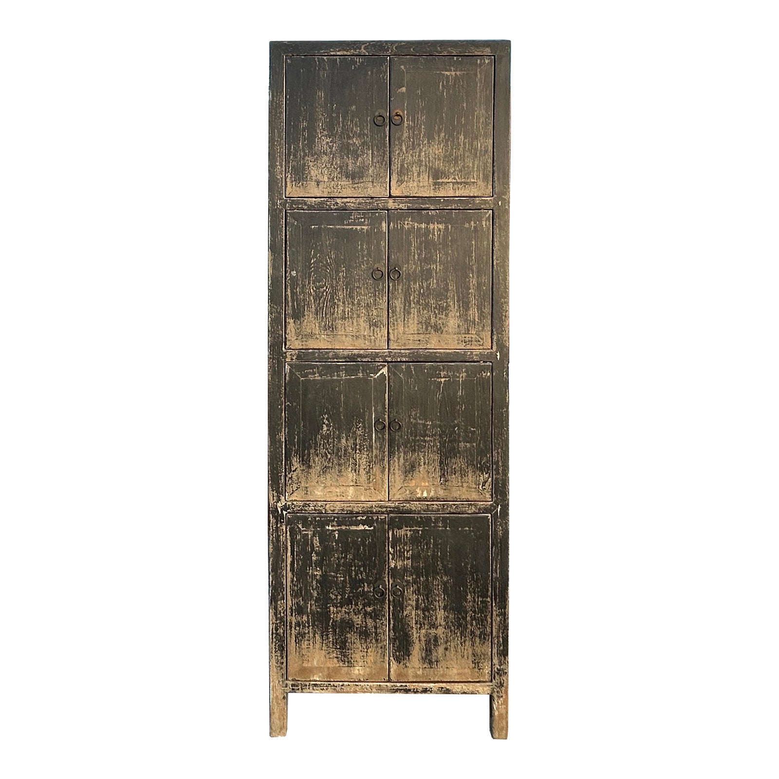 Distressed Black Tan Marks Tall Slim 4 Shelves Closed Doors Storage ...