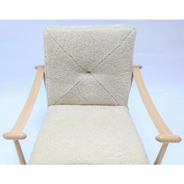 Custom Beige Oak & Ivory Sheepskin Mid-Century Style Armchairs - a Pair ...