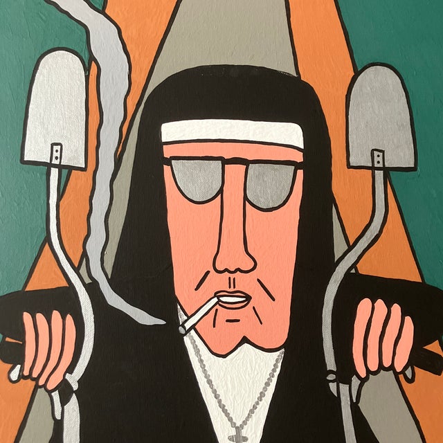 Contemporary Original b.d. Floyd Folk Art Painting “Biker Smoking Nun ...