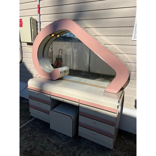 1980 Pink Laminate Vanity With Matching Stool - Set of 3 | Chairish