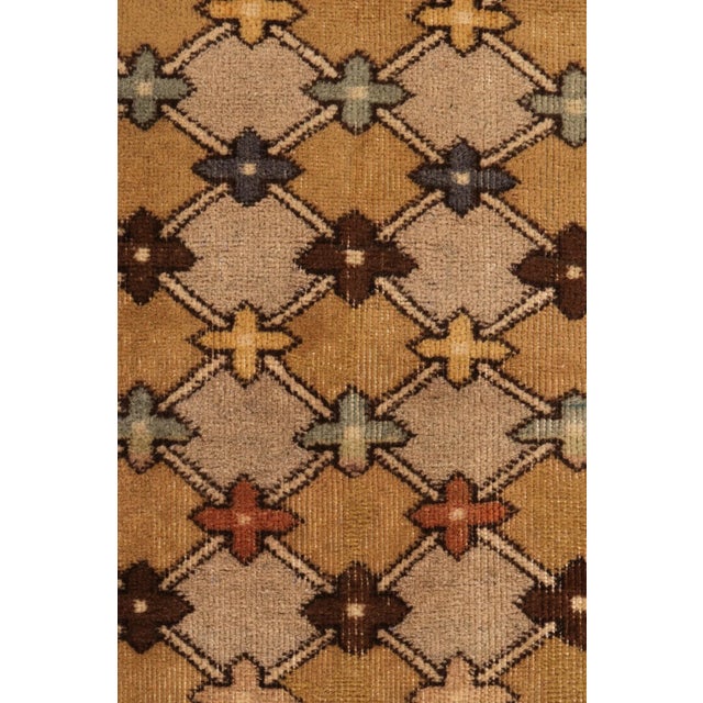 1960s Vintage Distressed Deco Rug in Beige-Brown, Gold, Blue Geometric ...
