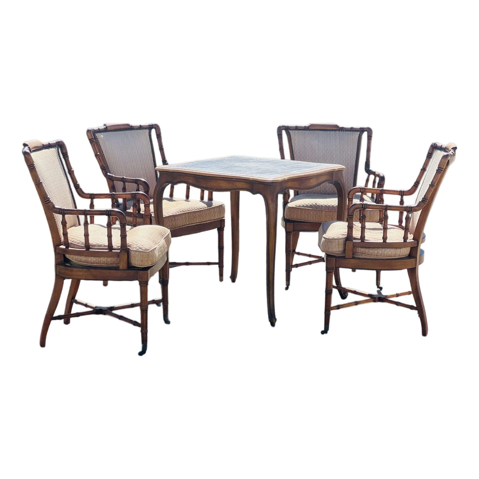 Kittinger Style Faux Bamboo Chairs and Petite Game Table | Chairish