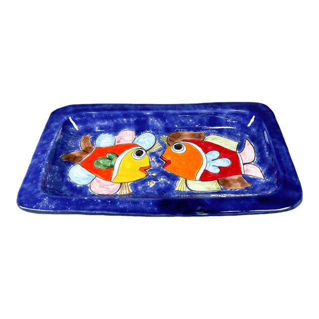1990s Hand Painted Art Plate Blue Fish Nino Parrucca Ceramiche Palermo ...
