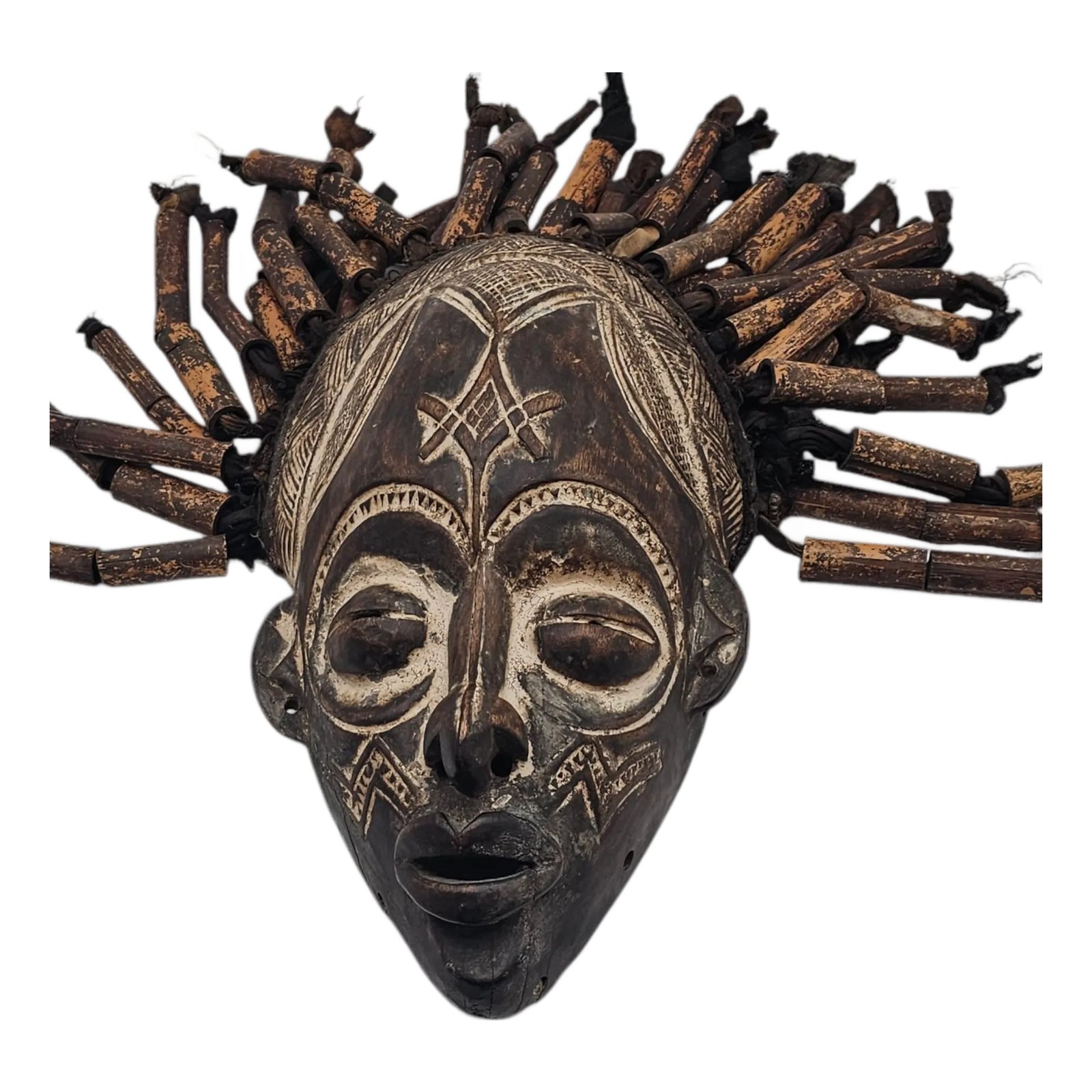 Authentic Chokwe Chikunga Mask With Bamboo Headdress, Hand-Carved Congo ...