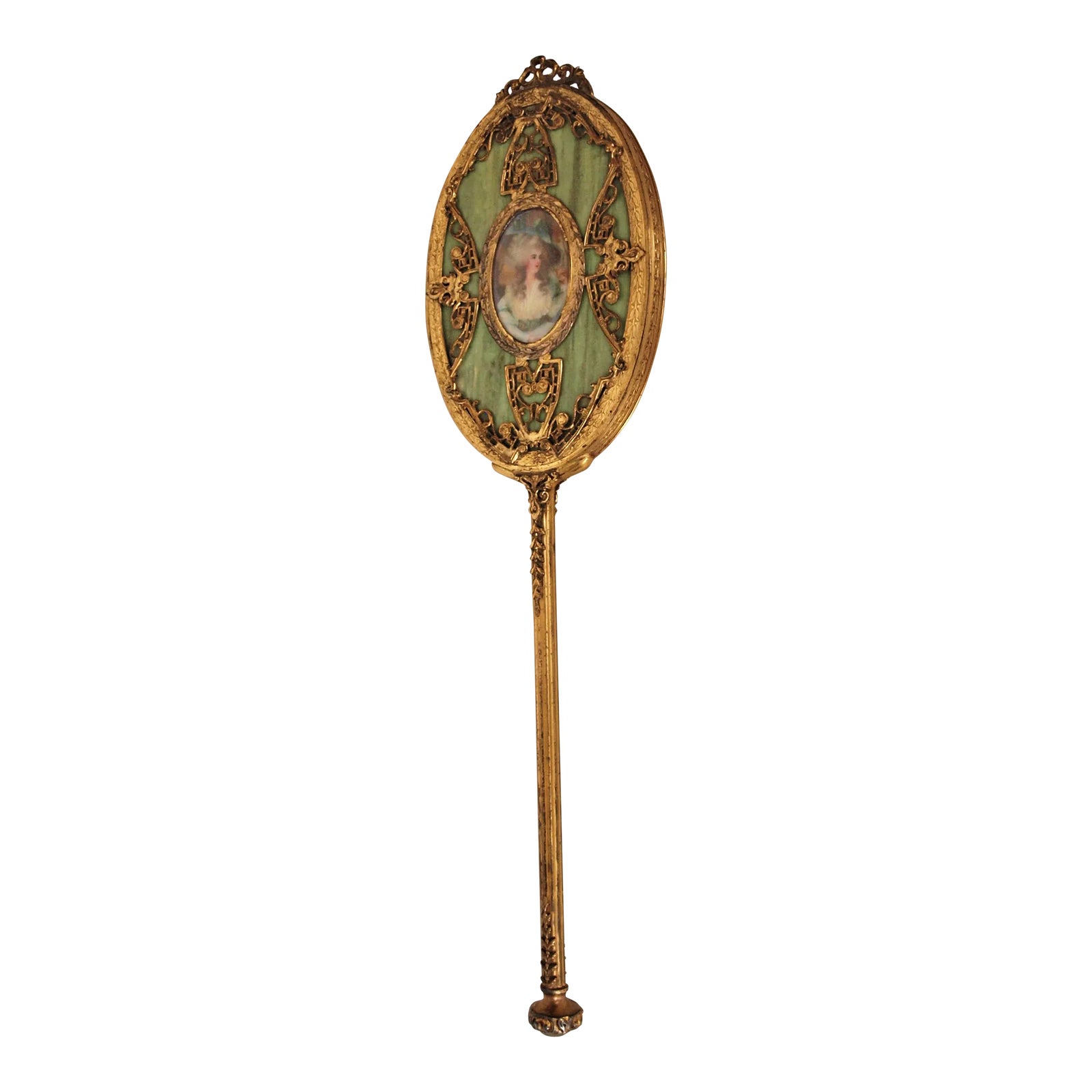 Vintage Gold Gilded Hand Mirror With Painted Portrait | Chairish