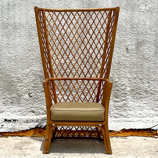Vintage Coastal Trellis Rattan Wingback Chair | Chairish