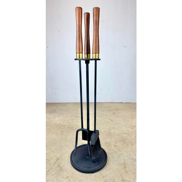 Mid Century Modern Walnut & Wrought Iron Fireplace Hearth Tool Set ...