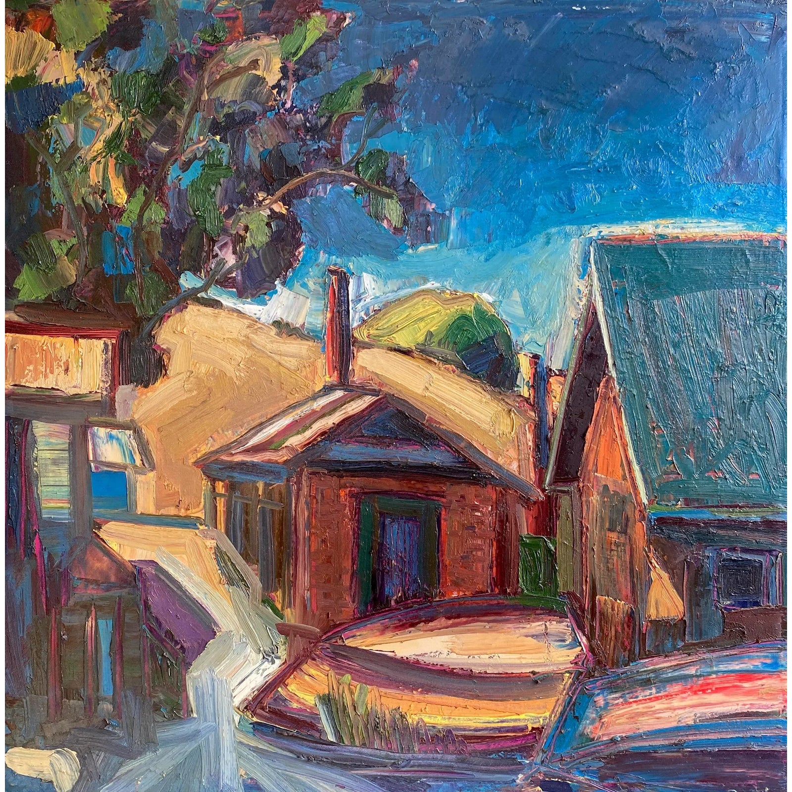 Expressionist Landscape Oil Painting of China Camp with Boats | Chairish