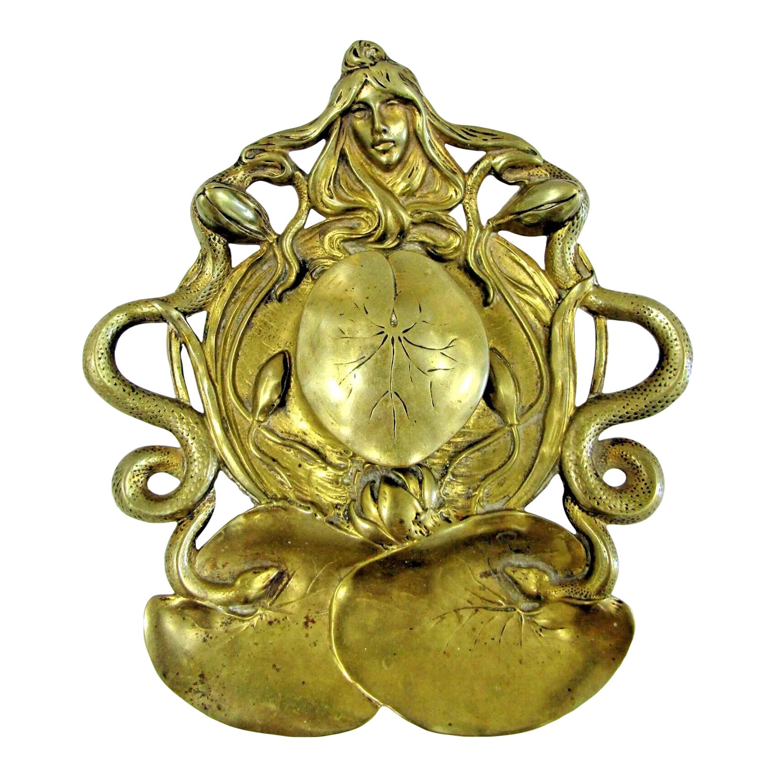 Antique Art Nouveau Bronze Inkwell Signed Geschutzt Woman, Snakes and ...