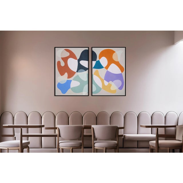 2024, Mid-Century Shapes Diptych of "Pastel Palette Curves", Acrylic Painting on Watercolor ...