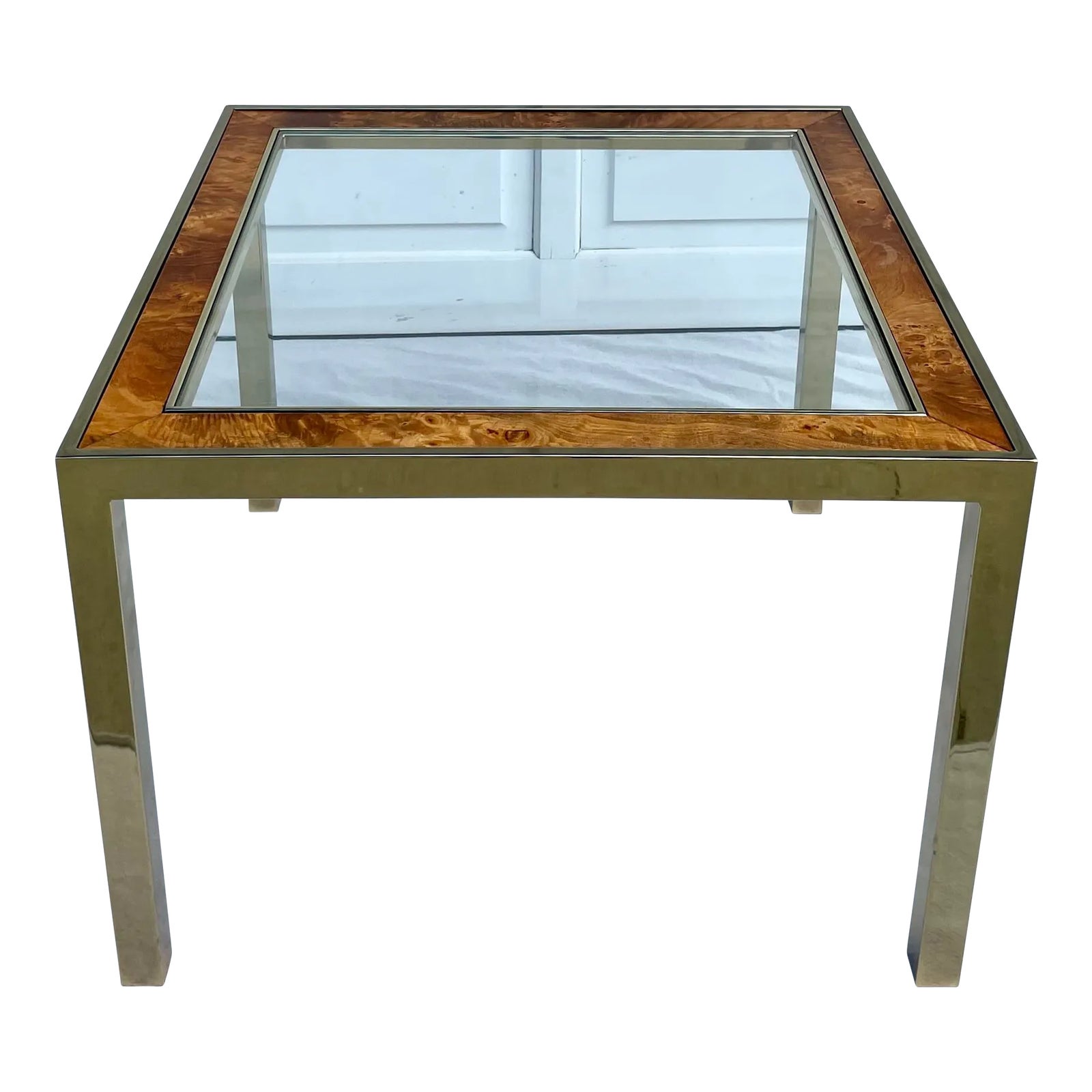 1960's Brass, Burl-Wood and Glass Parsons Side Table | Chairish