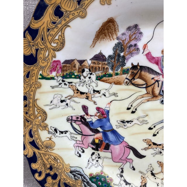 Vintage Cobalt Blue and Gold Gilt Fox Hunting Porcelain Plate | Chairish