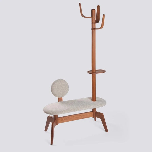 Cactus Bench, Light Walnut Wood Colour, Dove Gray Woven Fabric | Chairish