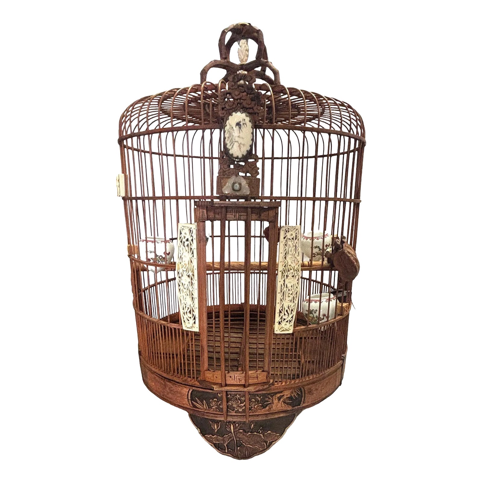 Antique Chinese Red Reed Rattan Birdcage Porcelain Feeder Bowls, Jade ...