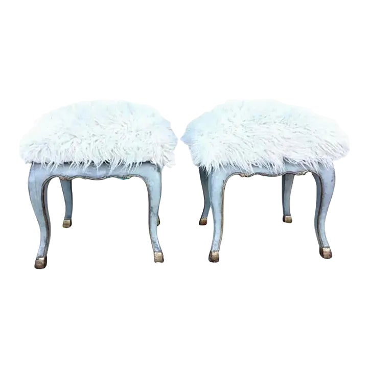 Pair of Italian Rococo Square Stools With Faux Sheepskin | Chairish