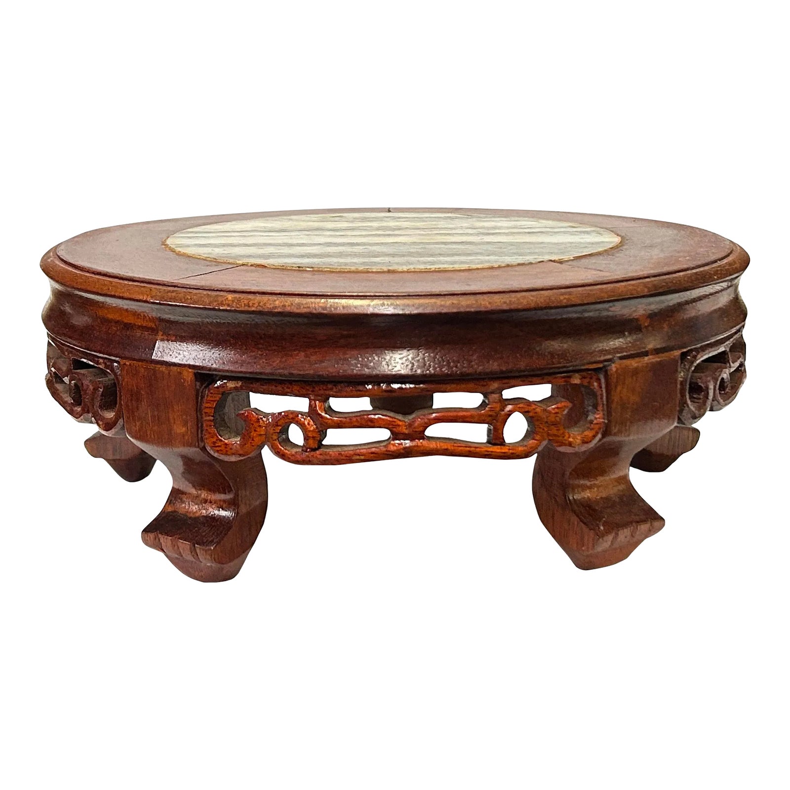 10" Chinese Brown Wood Round Stone Top Vase Stand Display Riser | Chairish