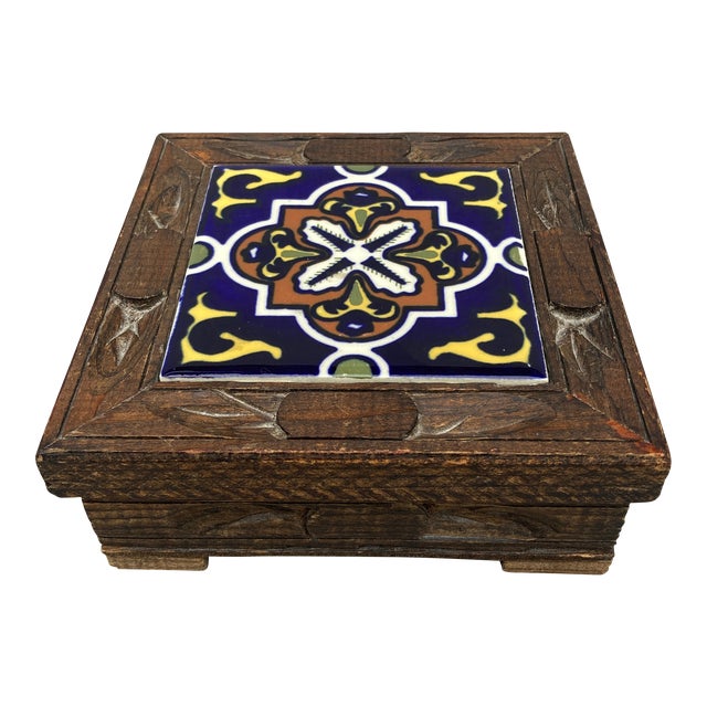 1970s Vintage Carved Wood and Tile Mexican Box | Chairish