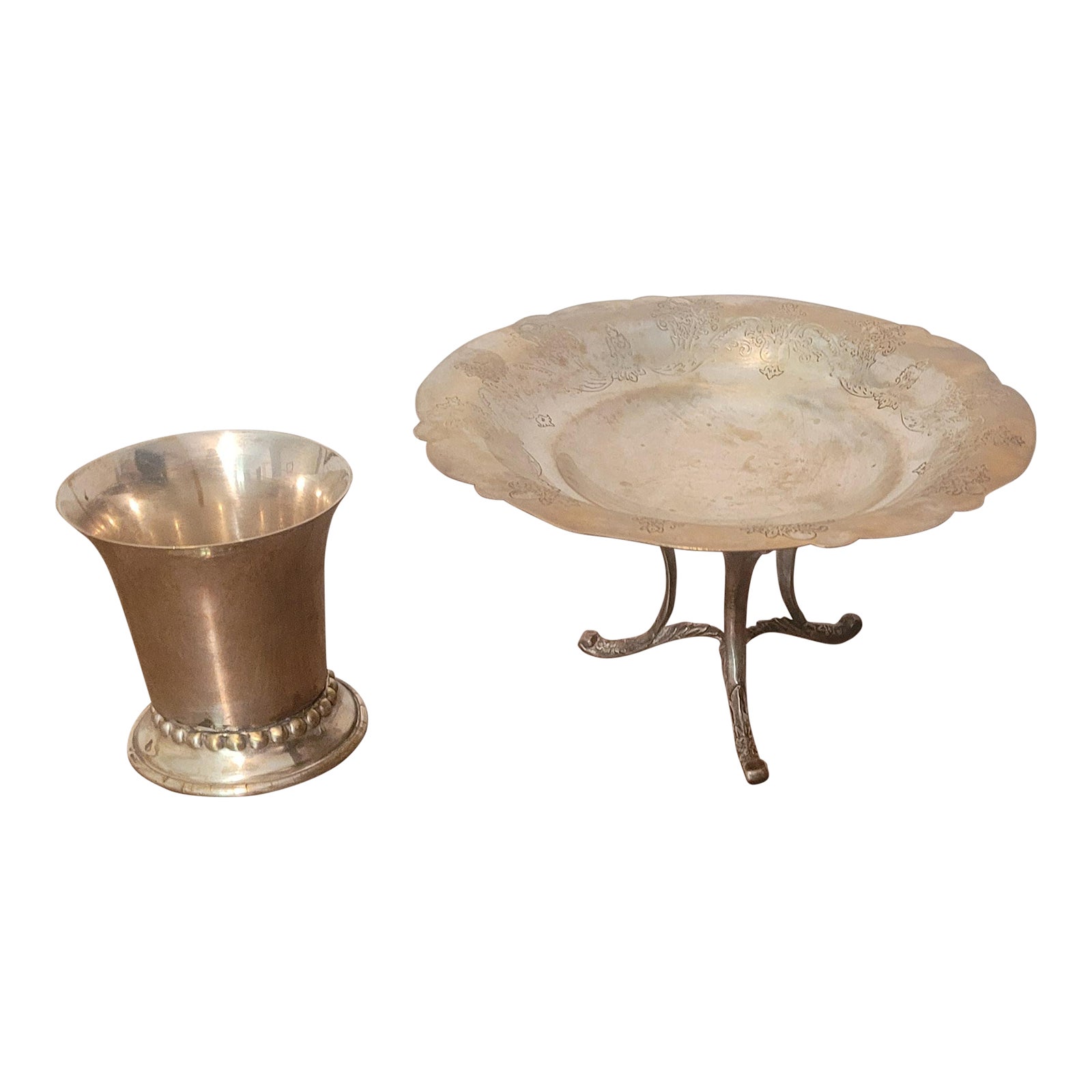 Antique Indian Silverplate Compote Dish With Ornate Stand & Matching ...