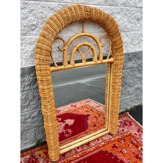 Large Vintage Arched Natural Woven and Wrapped Wicker Rattan Mirror ...