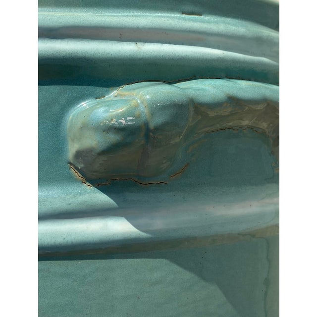 Mid Century Round Aqua Planter with Raised White Stripes | Chairish