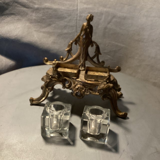 1920s Art Nouveau Double Ink Well Stand With 2 Glass Inserts | Chairish