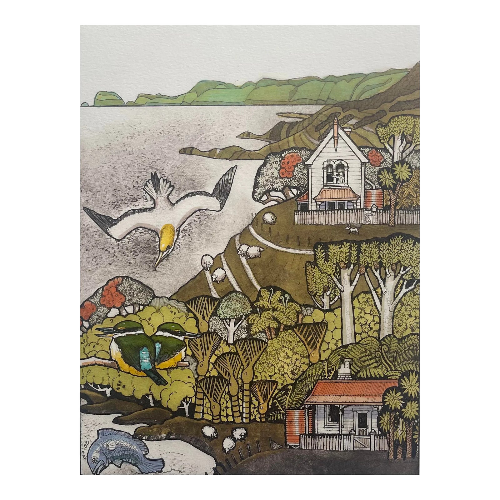 New Zealand Coastal Landscape Lithograph by Russell Jackson | Chairish