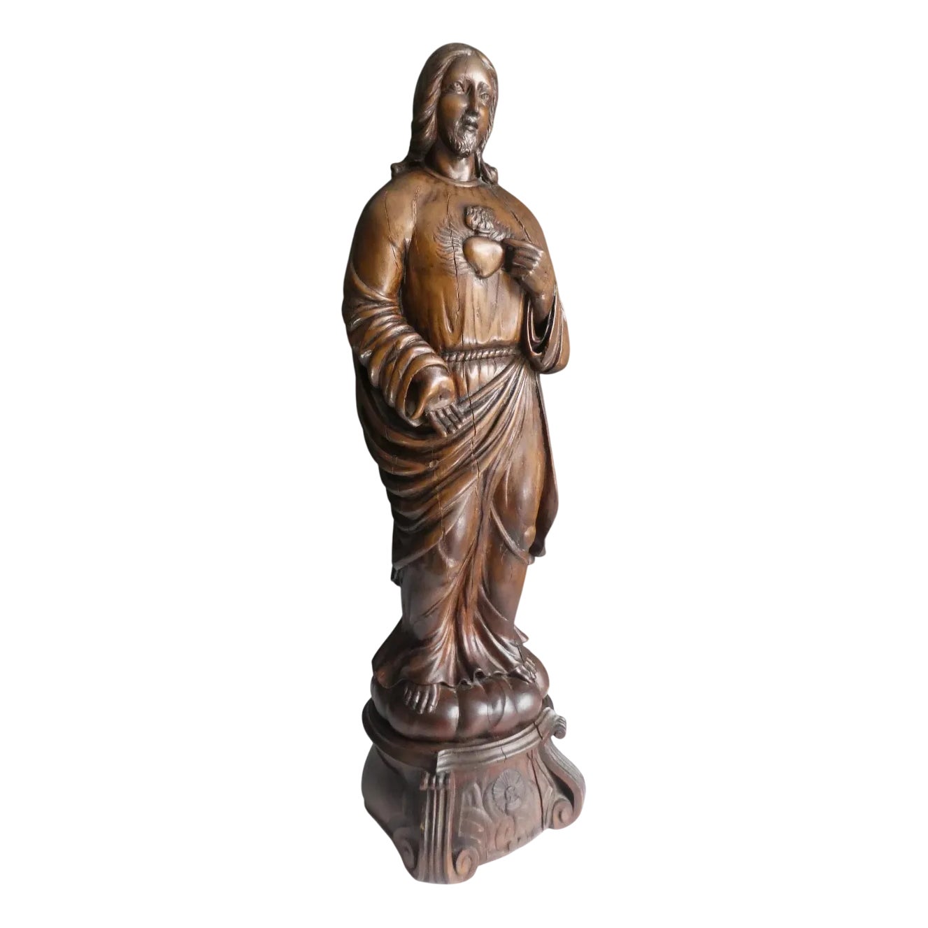 Carved Jesus Sacred Heart Statue, 1800s, Wood | Chairish