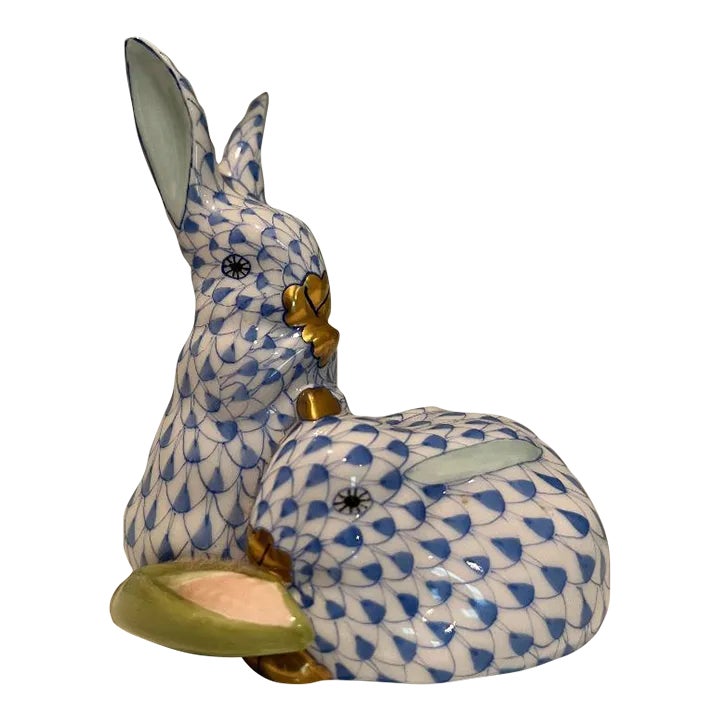 Herend Blue Fishnet Rabbit "Rabbit With Carrot Leaves" Figurine | Chairish