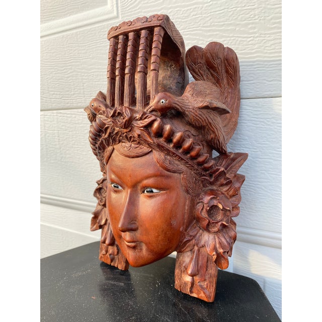 Vintage Chinese Carved Wood Head Sculpture | Chairish