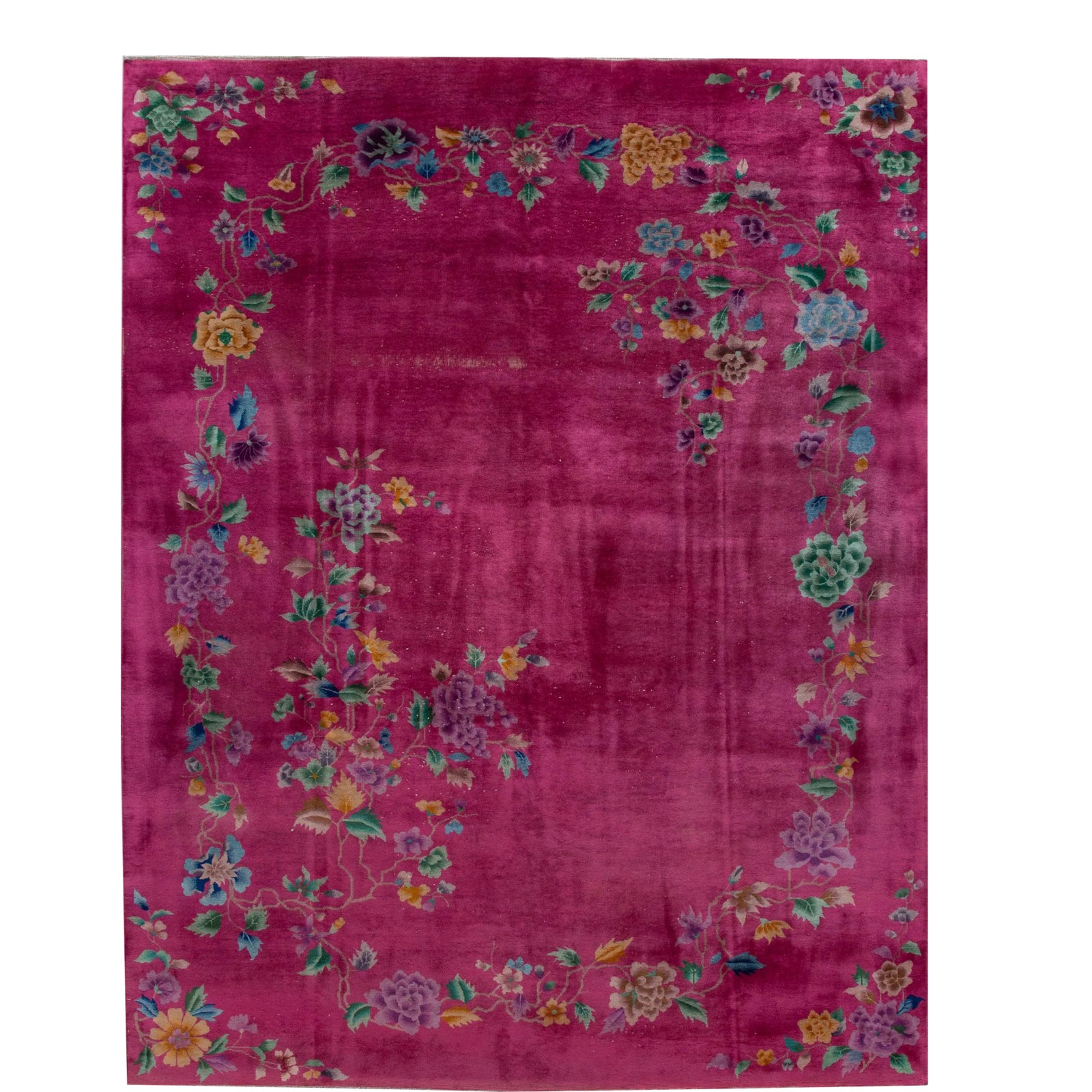 Red Antique Art Deco Chinese Handmade Floral Wool Rug | Chairish