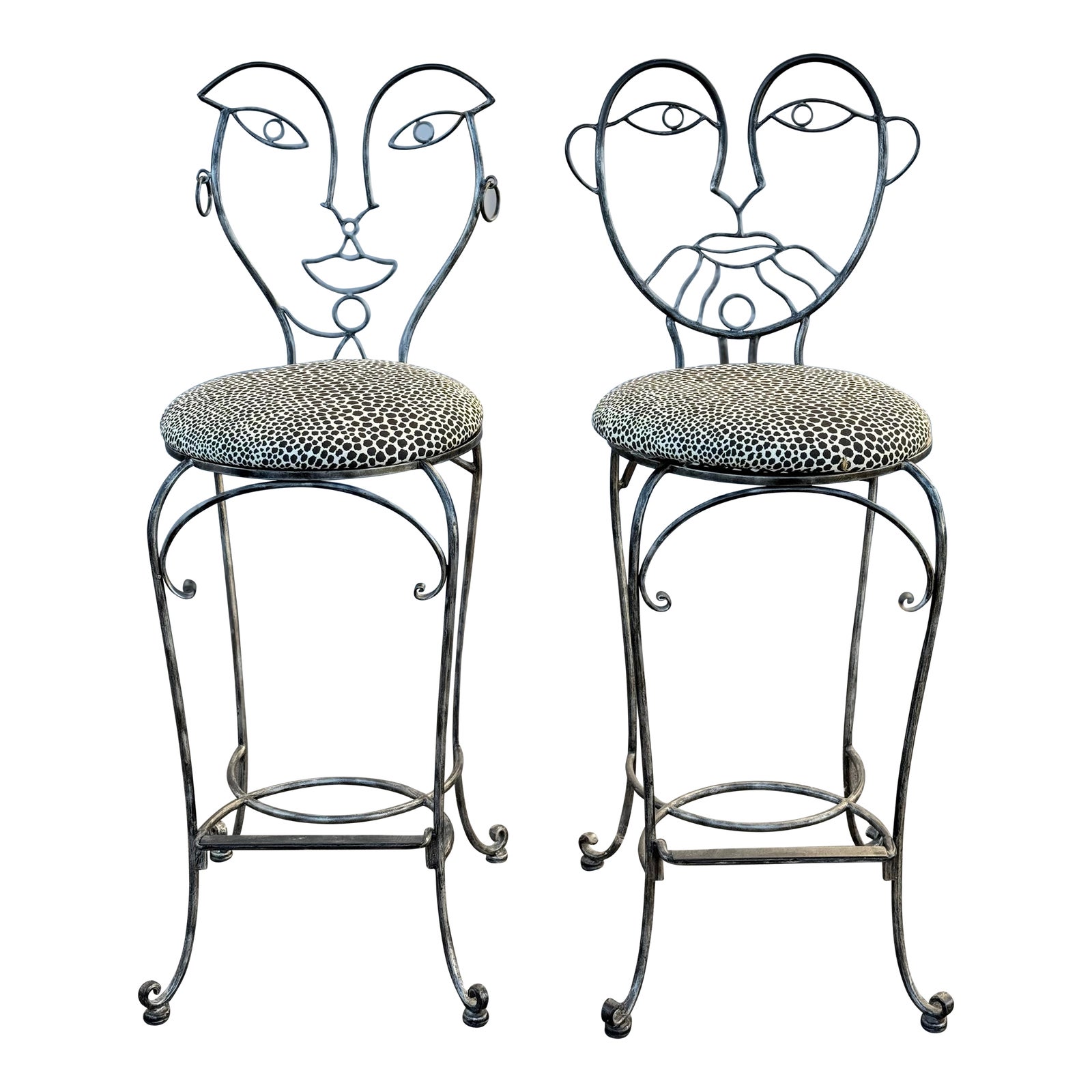 1990s Pair of John Risley Inspired Metal Framed Female & Male Face ...