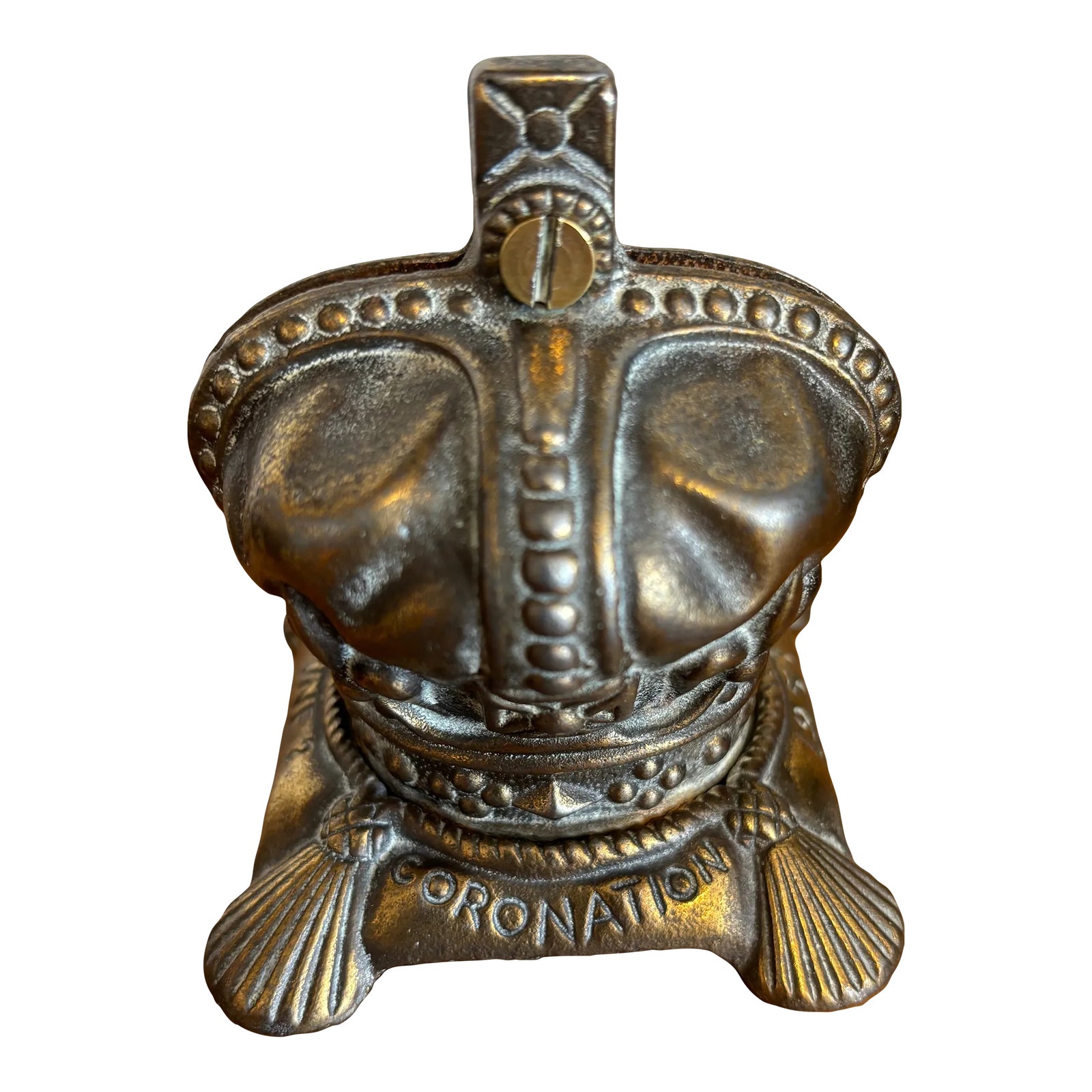 English Brass Crown Elizabeth Coronation Commemorative Coin Bank | Chairish