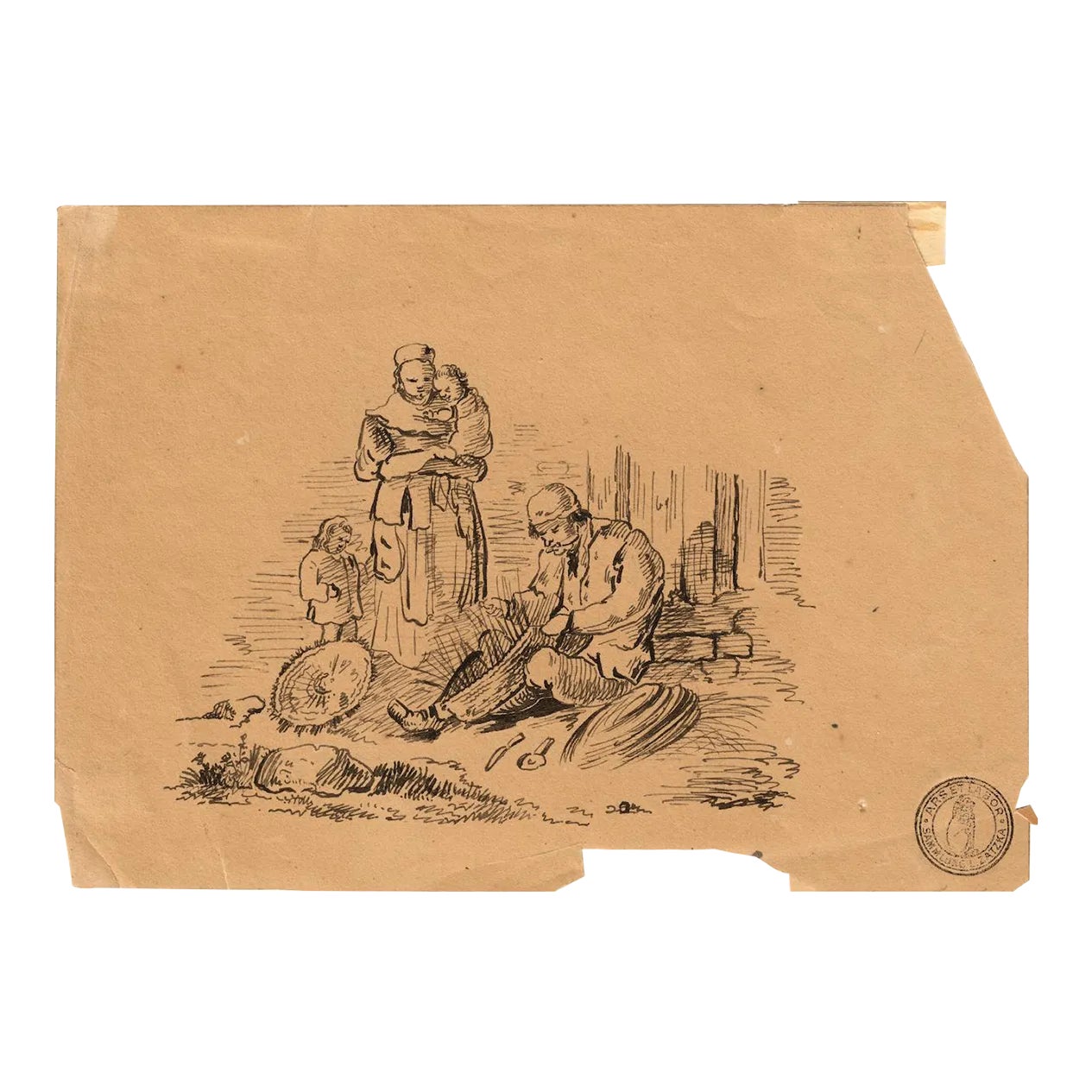 Antique Old Master Pen & Ink "Basket Weaver" W/ Collectors Mark | Chairish