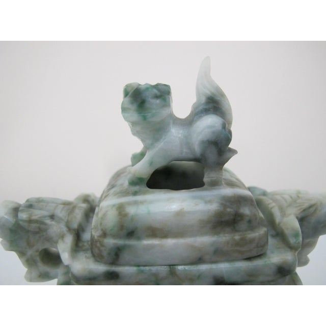 Chinese Carved Foo Dog Green Jade Stone Lidded Censor Box Jar | Chairish