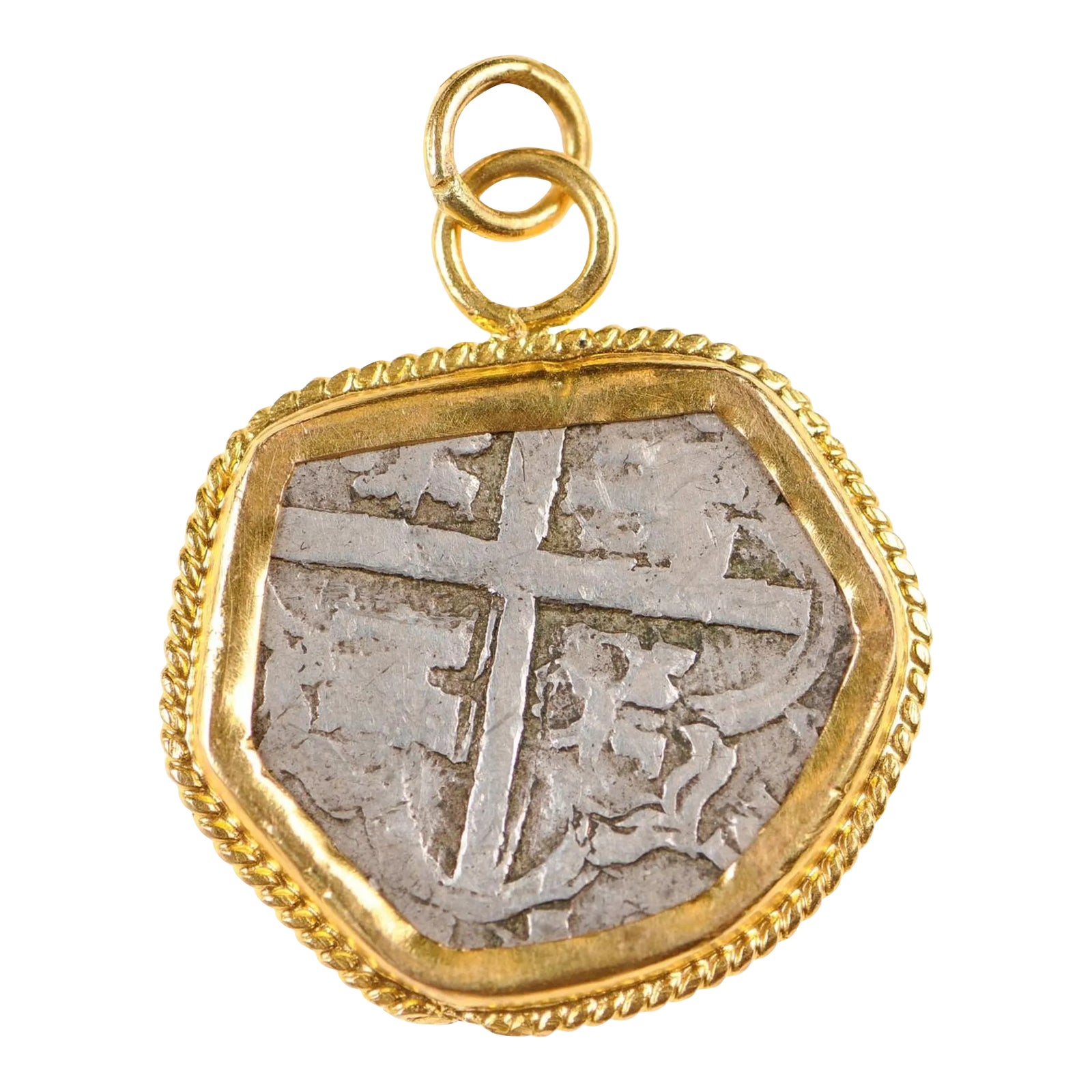 Antique Spanish Silver Cob Coin in 22k Pendant | Chairish