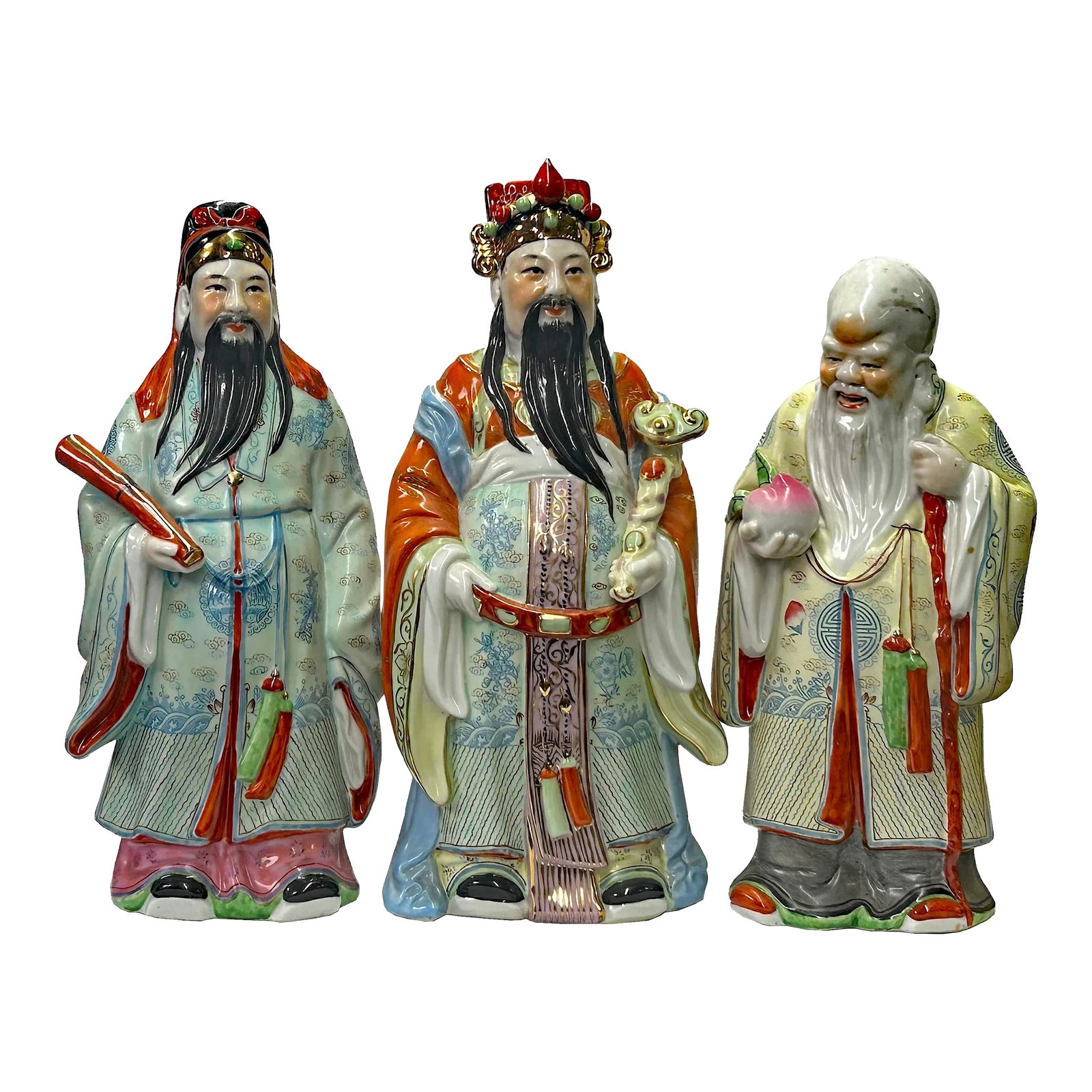 Chinese Canton Color Mixed Fenghsui Fok Lok Shao Figure Set | Chairish