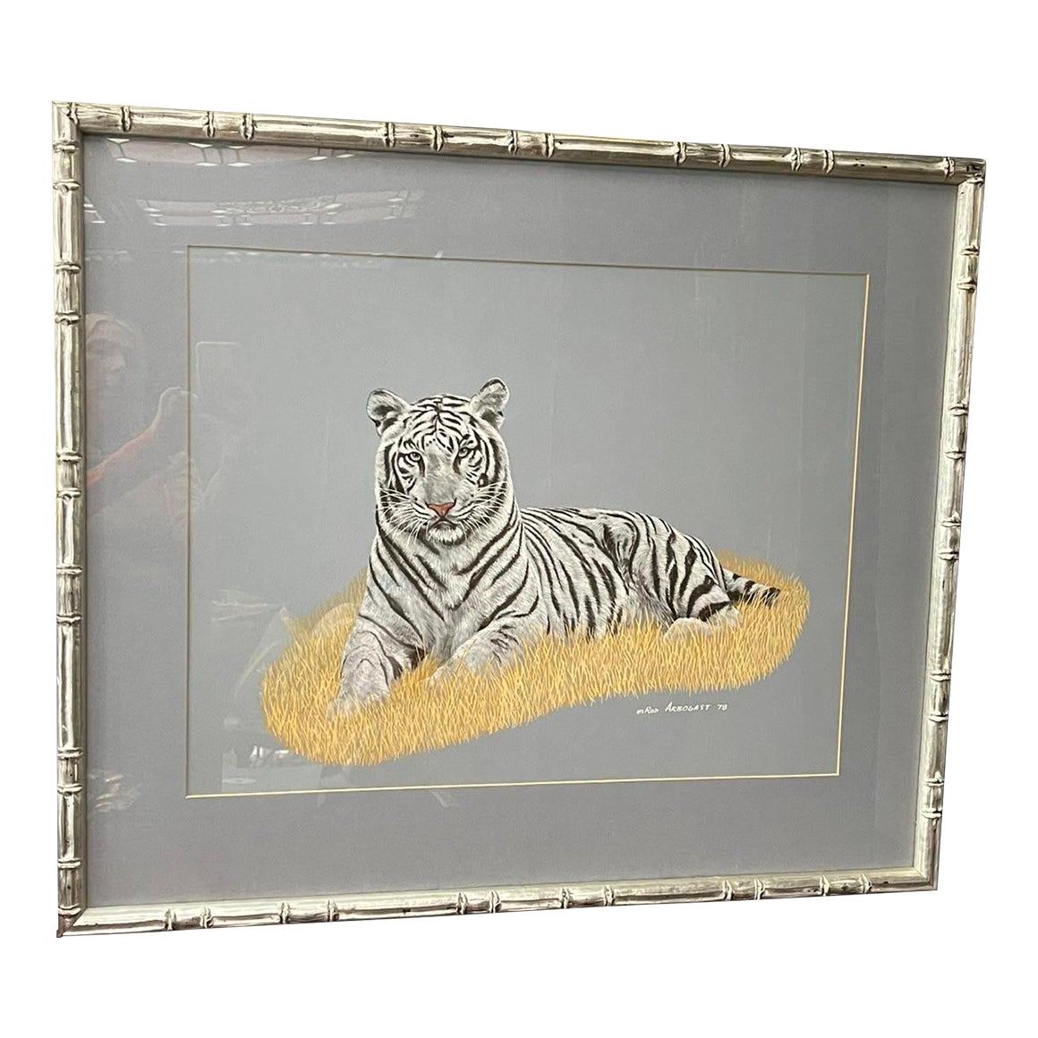 1970s Painting of a White Tiger, Framed | Chairish