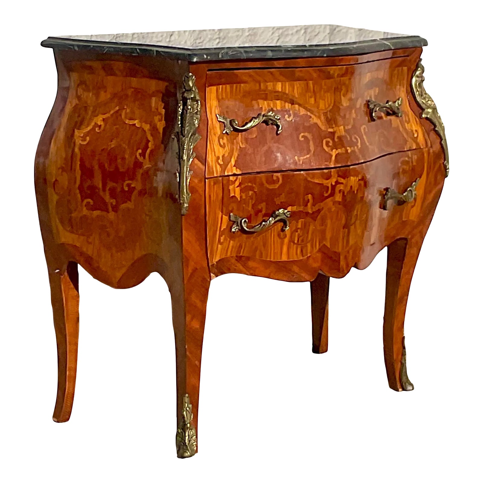 Vintage Regency Marble Top Marquetry Bombe Chest | Chairish