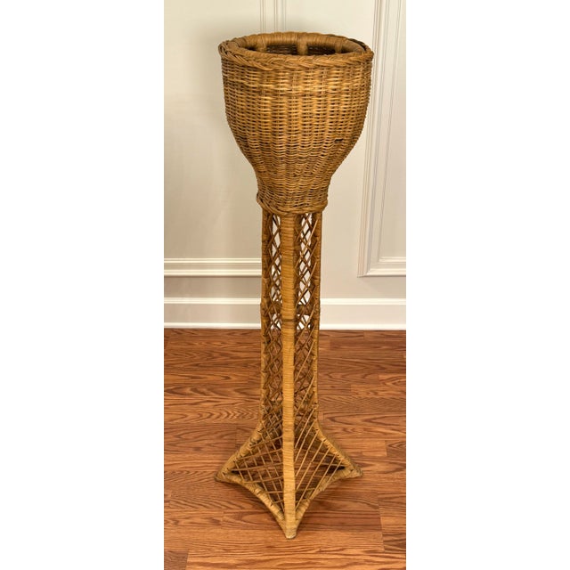 Vintage Coastal Large Rattan & Wicker Plant Stand | Chairish