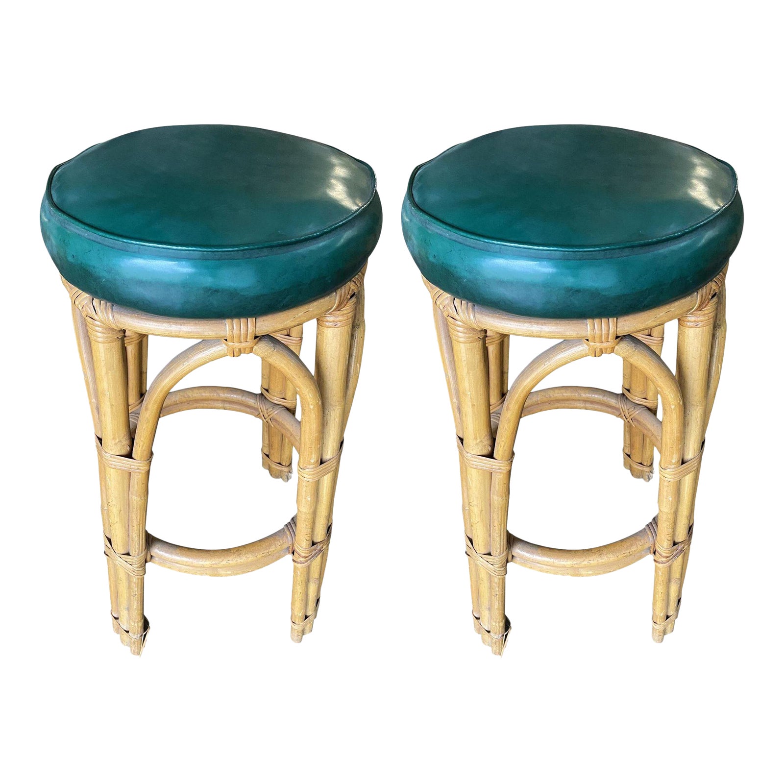 Restored 3-Stand Arched Rattan Base Bar Stool With Dark Green Seats ...