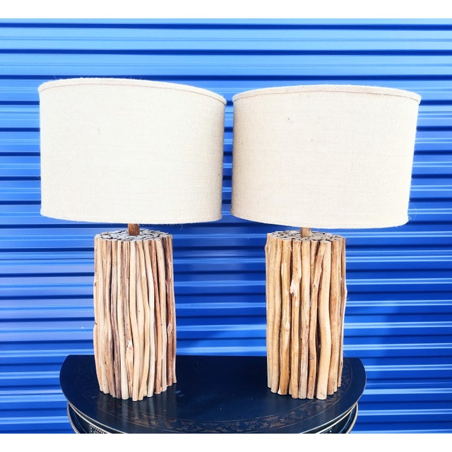Natural Rustic Gathered Driftwood Coastal Table Lamps With Burlap ...