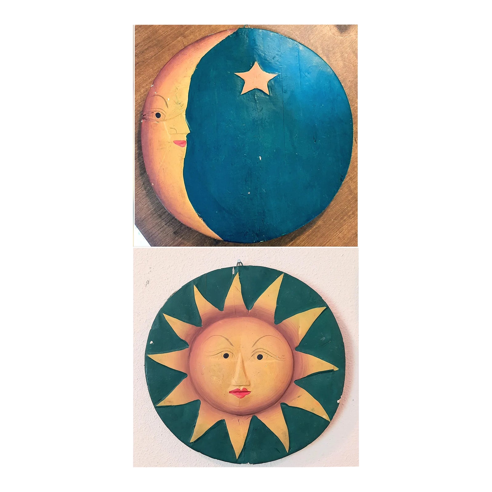Vintage Mexican Folk Art Moon and Sun Hand Painted Wall Plaque | Chairish