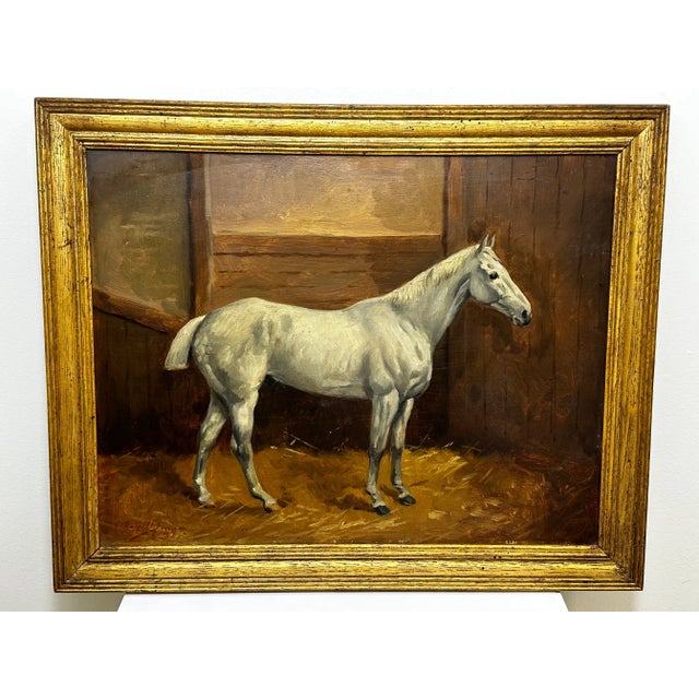 British Oil Painting of a Victorian White Horse in Stable by Godfrey ...