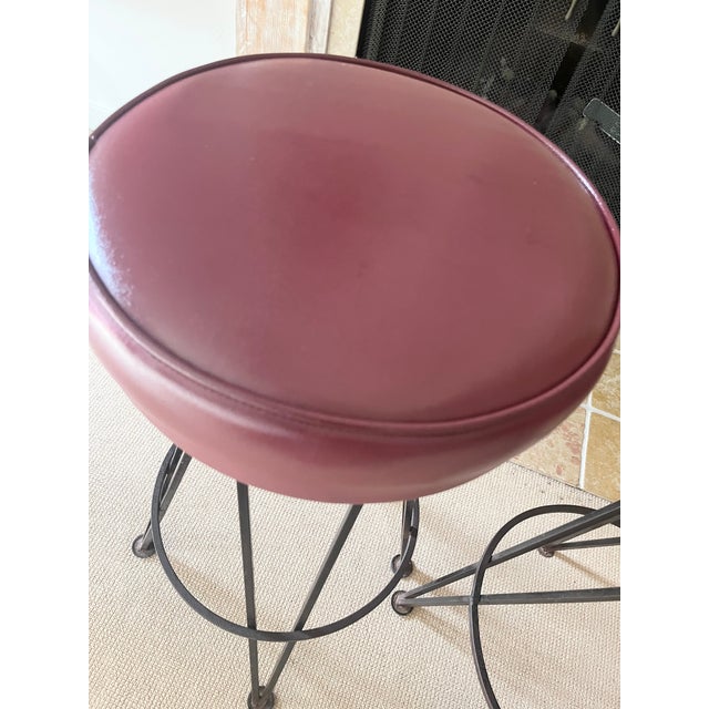 Mid Century Bar Stools Wrought Iron in Burgundy, Pair | Chairish